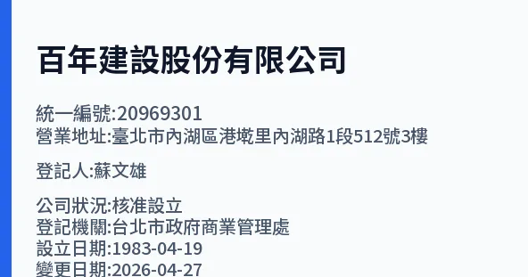 百年建設股份有限公司的照片-統編 20969301(臺北市) 公司登記資料與營業項目詳細圖表
