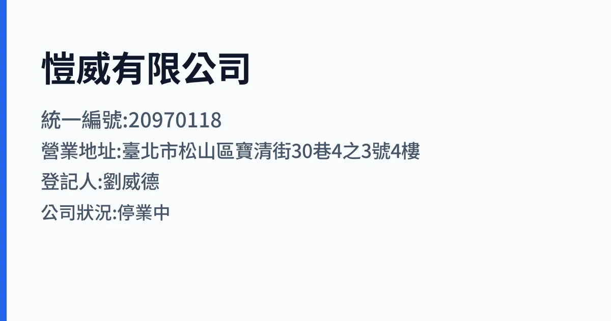 愷威有限公司 - 統編 20970118(臺北市) 公司登記資料與營業項目詳細圖表
