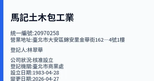 馬記土木包工業的照片-統編 20970258(臺北市) 公司登記資料與營業項目詳細圖表