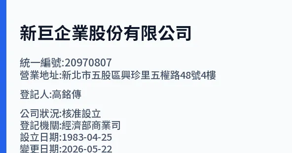 新巨企業股份有限公司的照片-統編 20970807(新北市) 公司登記資料與營業項目詳細圖表