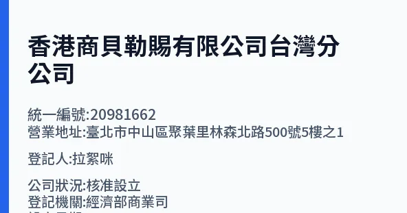 香港商貝勒賜有限公司台灣分公司的照片-統編 20981662(臺北市) 公司登記資料與營業項目詳細圖表