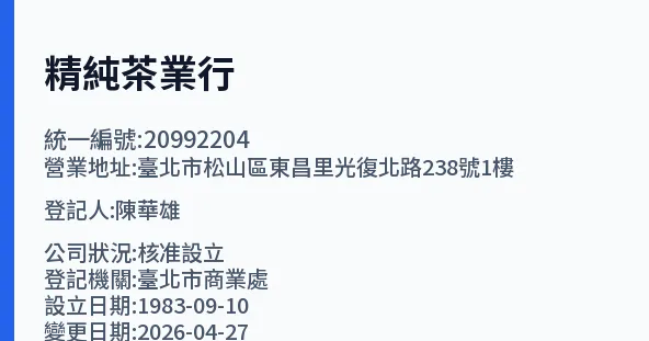精純茶業行的照片-統編 20992204(臺北市) 公司登記資料與營業項目詳細圖表