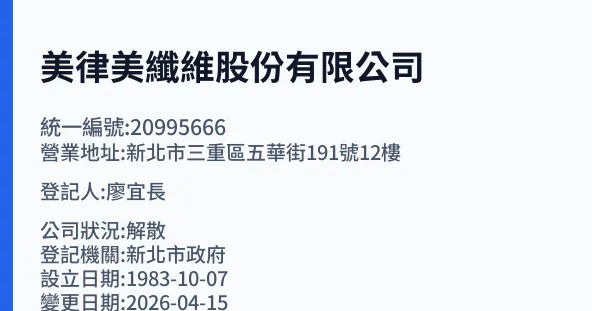 美律美纖維股份有限公司的照片-統編 20995666(新北市) 公司登記資料與營業項目詳細圖表