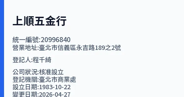 上順五金行的照片-統編 20996840(臺北市) 公司登記資料與營業項目詳細圖表