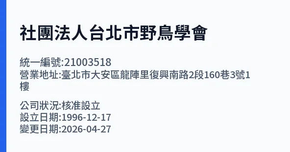 社團法人台北市野鳥學會的照片-統編 21003518(臺北市) 公司登記資料與營業項目詳細圖表