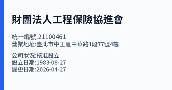 財團法人工程保險協進會的照片-統編 21100461(臺北市) 公司登記資料與營業項目詳細圖表