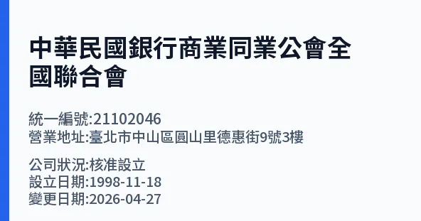 中華民國銀行商業同業公會全國聯合會的照片-統編 21102046(臺北市) 公司登記資料與營業項目詳細圖表