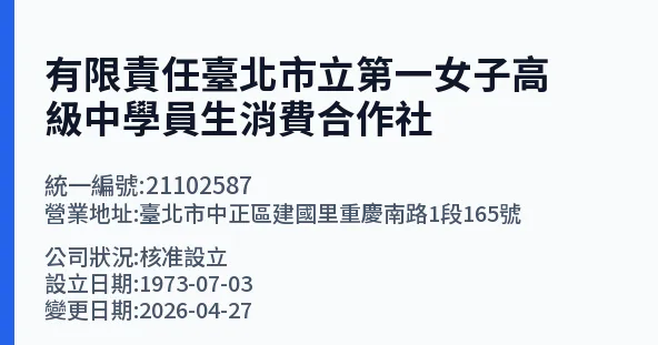 有限責任臺北市立第一女子高級中學員生消費合作社的照片-統編 21102587(臺北市) 公司登記資料與營業項目詳細圖表