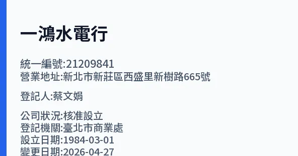一鴻水電行的照片-統編 21209841(新北市) 公司登記資料與營業項目詳細圖表
