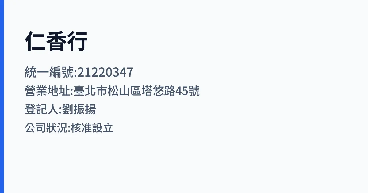 仁香行 - 統編 21220347(臺北市) 公司登記資料與營業項目詳細圖表