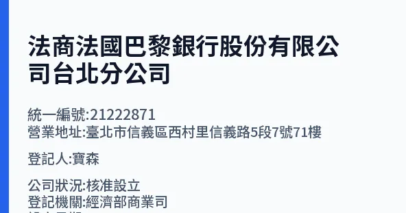 法商法國巴黎銀行股份有限公司台北分公司的照片-統編 21222871(臺北市) 公司登記資料與營業項目詳細圖表