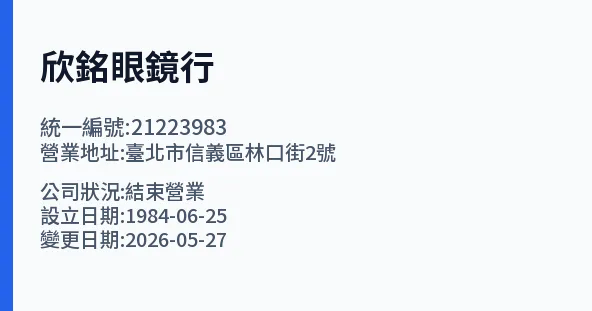 欣銘眼鏡行的照片-統編 21223983(臺北市) 公司登記資料與營業項目詳細圖表