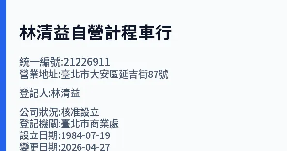 林清益自營計程車行的照片-統編 21226911(臺北市) 公司登記資料與營業項目詳細圖表