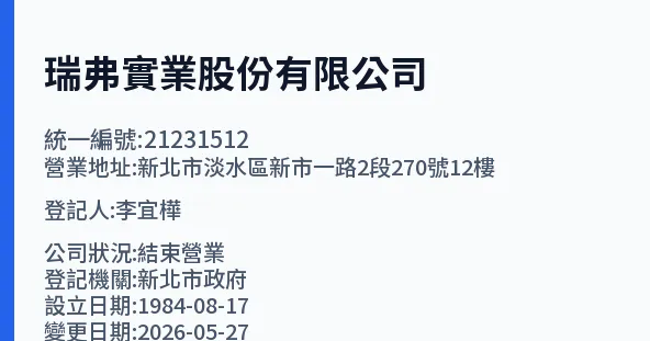 瑞弗實業股份有限公司的照片-統編 21231512(新北市) 公司登記資料與營業項目詳細圖表