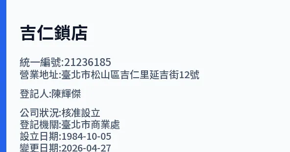吉仁鎖店的照片-統編 21236185(臺北市) 公司登記資料與營業項目詳細圖表