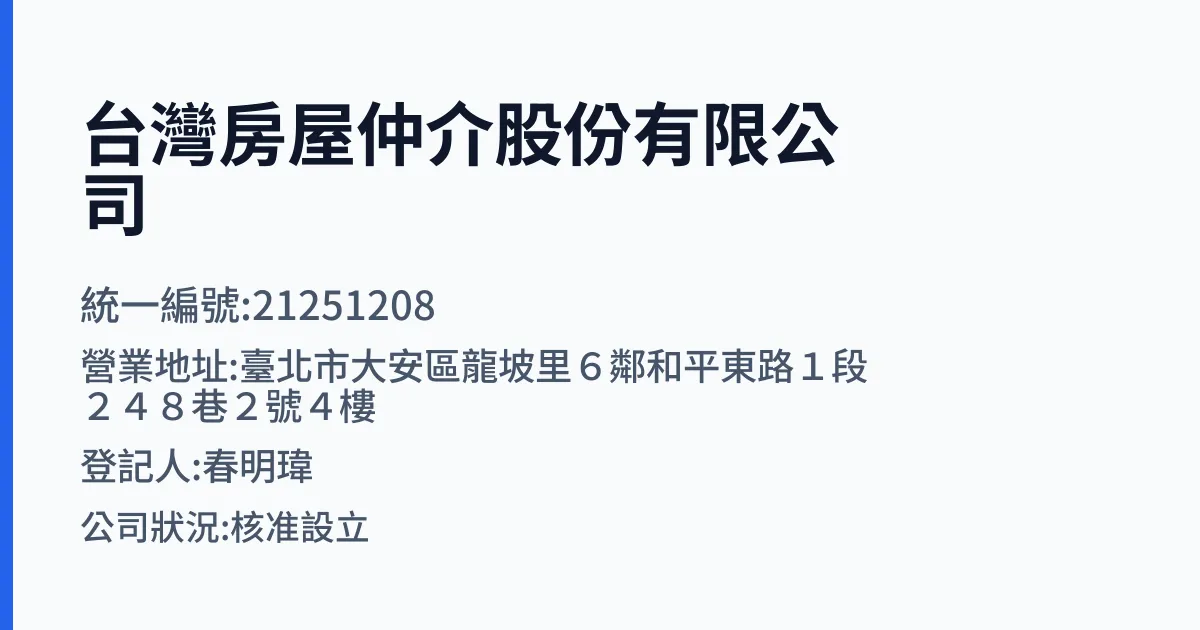 台灣房屋仲介股份有限公司 - 統編 21251208(臺北市) 公司登記資料與營業項目詳細圖表