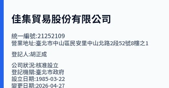佳集貿易股份有限公司的照片-統編 21252109(臺北市) 公司登記資料與營業項目詳細圖表
