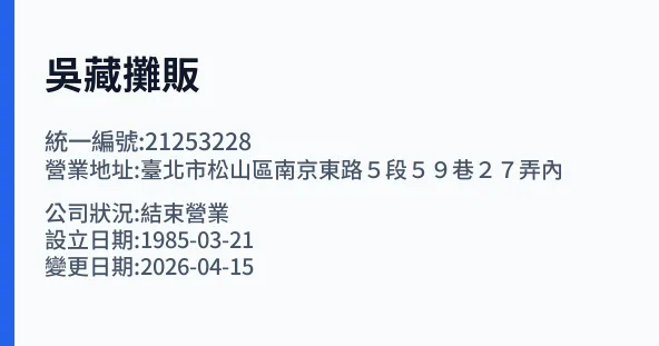 吳藏攤販的照片-統編 21253228(臺北市) 公司登記資料與營業項目詳細圖表
