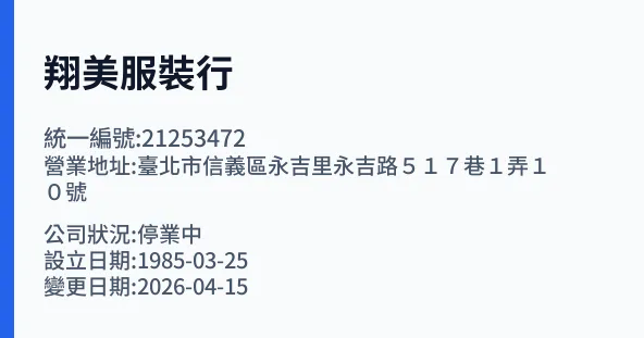 翔美服裝行的照片-統編 21253472(臺北市) 公司登記資料與營業項目詳細圖表