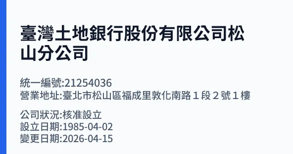 臺灣土地銀行股份有限公司松山分公司的照片-統編 21254036(臺北市) 公司登記資料與營業項目詳細圖表