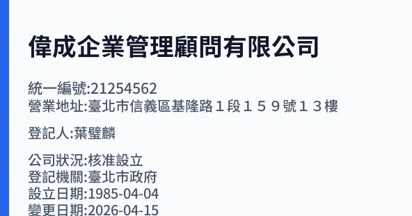 偉成企業管理顧問有限公司的照片-統編 21254562(臺北市) 公司登記資料與營業項目詳細圖表