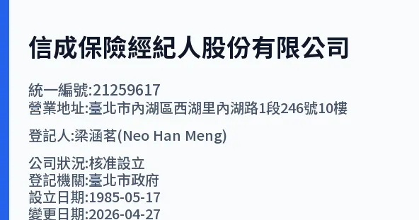 信成保險經紀人股份有限公司的照片-統編 21259617(臺北市) 公司登記資料與營業項目詳細圖表
