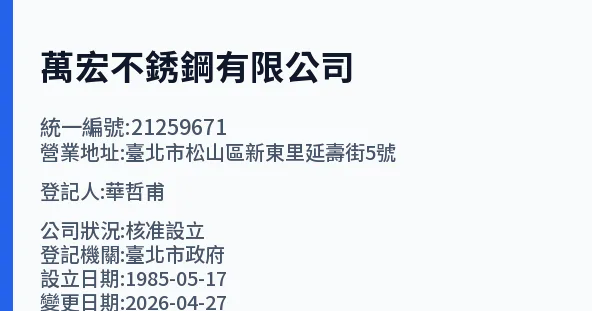 萬宏不銹鋼有限公司的照片-統編 21259671(臺北市) 公司登記資料與營業項目詳細圖表