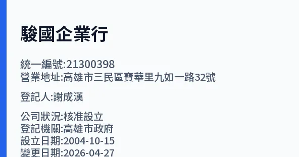 駿國企業行的照片-統編 21300398(高雄市) 公司登記資料與營業項目詳細圖表