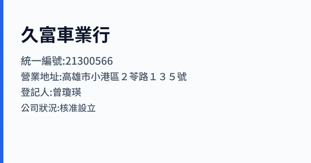 久富車業行 - 統編 21300566(高雄市) 公司登記資料與營業項目詳細圖表