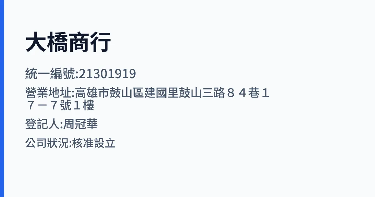 大橋商行 - 統編 21301919(高雄市) 公司登記資料與營業項目詳細圖表