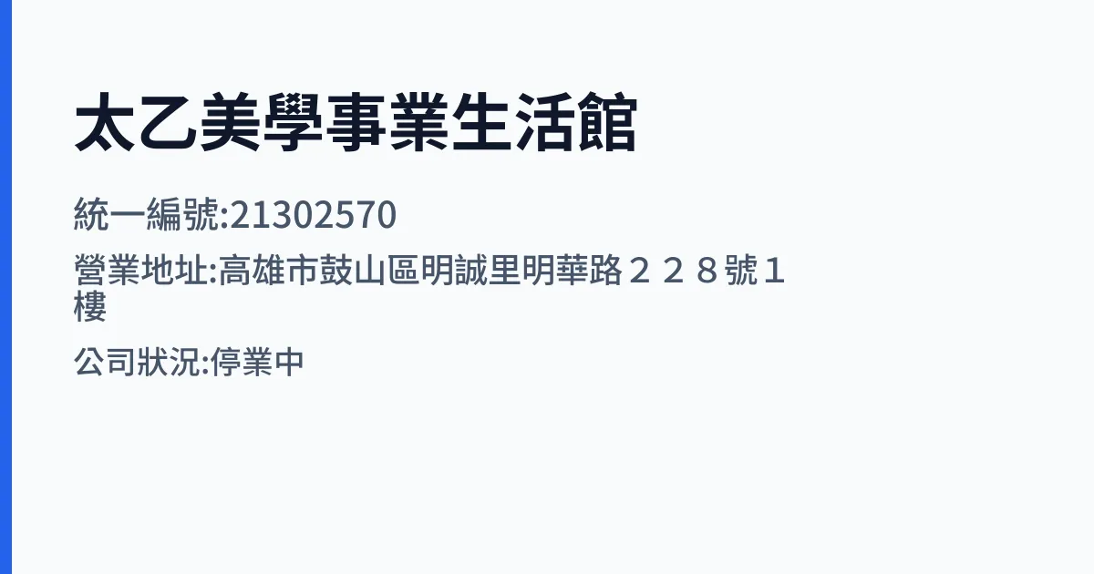 太乙美學事業生活館 - 統編 21302570(高雄市) 公司登記資料與營業項目詳細圖表