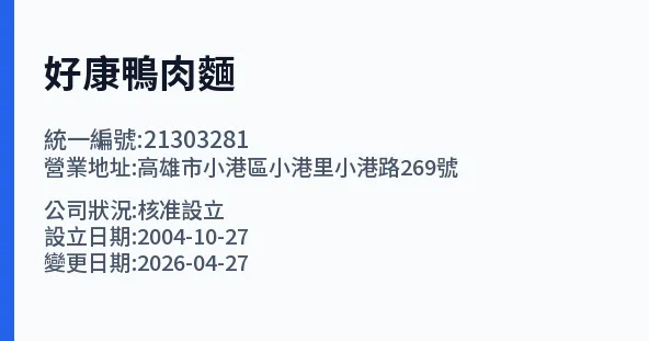 好康鴨肉麵的照片-統編 21303281(高雄市) 公司登記資料與營業項目詳細圖表