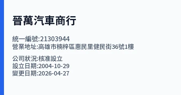 晉萬汽車商行的照片-統編 21303944(高雄市) 公司登記資料與營業項目詳細圖表