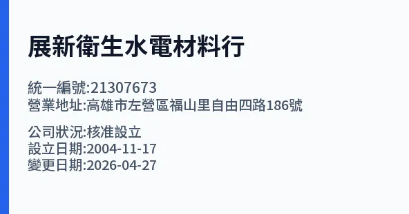 展新衛生水電材料行的照片-統編 21307673(高雄市) 公司登記資料與營業項目詳細圖表