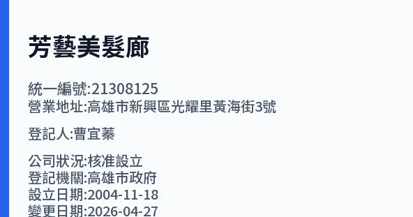 芳藝美髮廊的照片-統編 21308125(高雄市) 公司登記資料與營業項目詳細圖表