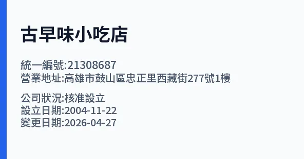 古早味小吃店的照片-統編 21308687(高雄市) 公司登記資料與營業項目詳細圖表