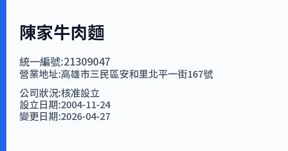 陳家牛肉麵的照片-統編 21309047(高雄市) 公司登記資料與營業項目詳細圖表