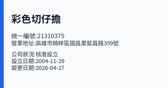 彩色切仔擔的照片-統編 21310375(高雄市) 公司登記資料與營業項目詳細圖表