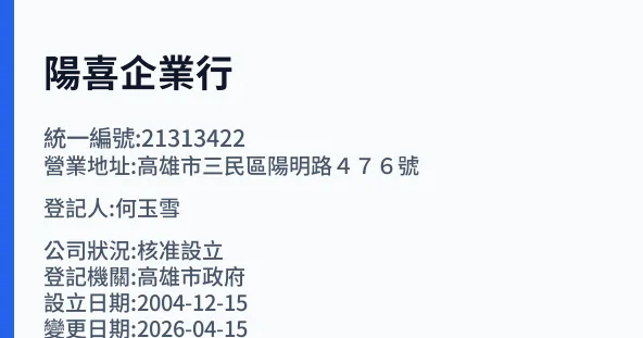 陽喜企業行的照片-統編 21313422(高雄市) 公司登記資料與營業項目詳細圖表