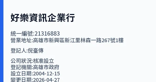 好樂資訊企業行的照片-統編 21316883(高雄市) 公司登記資料與營業項目詳細圖表