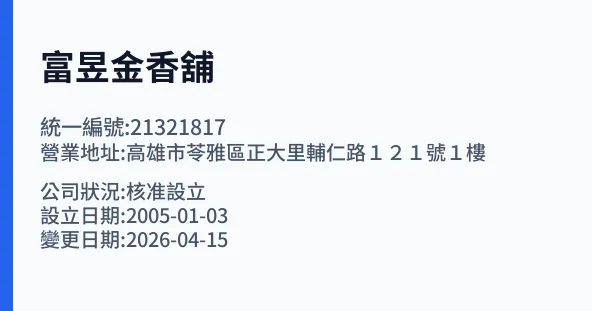 富昱金香舖的照片-統編 21321817(高雄市) 公司登記資料與營業項目詳細圖表