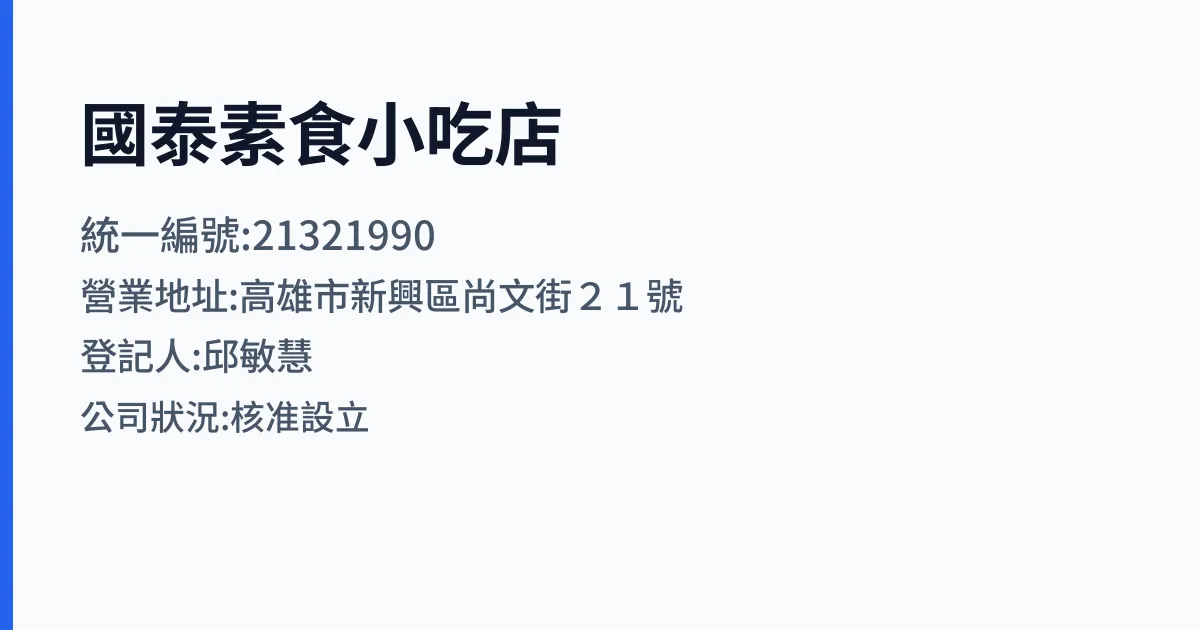 國泰素食小吃店 - 統編 21321990（高雄市） 公司登記資料與營業項目詳細圖表