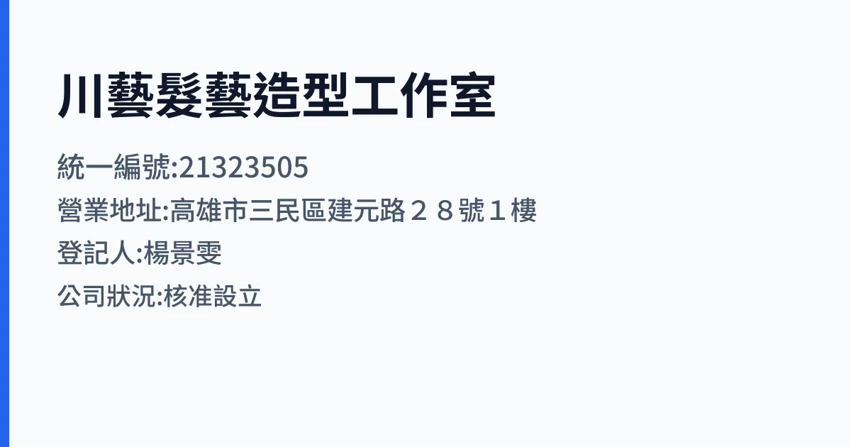 川藝髮藝造型工作室 - 統編 21323505(高雄市) 公司登記資料與營業項目詳細圖表