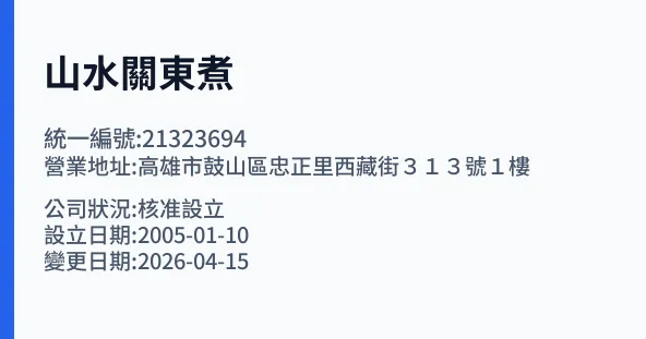 山水關東煮的照片-統編 21323694(高雄市) 公司登記資料與營業項目詳細圖表