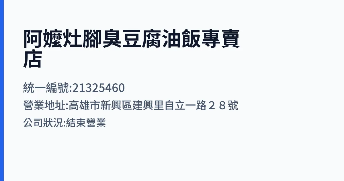 阿嬤灶腳臭豆腐油飯專賣店 - 統編 21325460(高雄市) 公司登記資料與營業項目詳細圖表