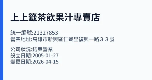 上上籤茶飲果汁專賣店的照片-統編 21327853(高雄市) 公司登記資料與營業項目詳細圖表