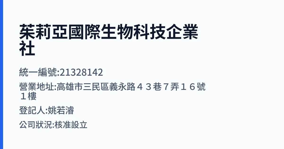 茱莉亞國際生物科技企業社 - 統編 21328142(高雄市) 公司登記資料與營業項目詳細圖表