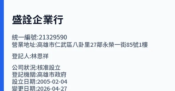 盛詮企業行的照片-統編 21329590(高雄市) 公司登記資料與營業項目詳細圖表