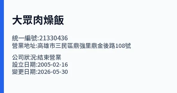 大眾肉燥飯的照片-統編 21330436(高雄市) 公司登記資料與營業項目詳細圖表