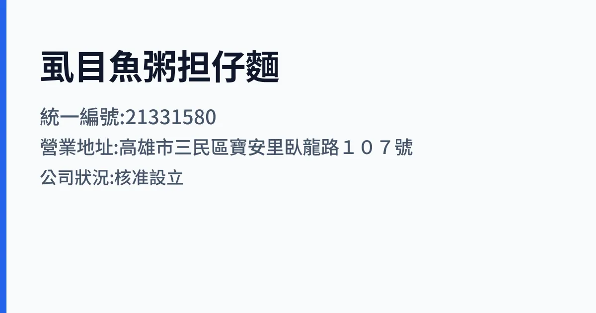 虱目魚粥担仔麵 - 統編 21331580(高雄市) 公司登記資料與營業項目詳細圖表